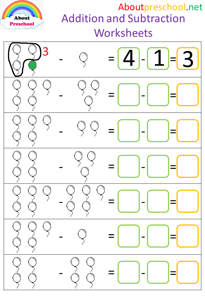 Addition and Subtraction Worksheets - 8 - About Preschool