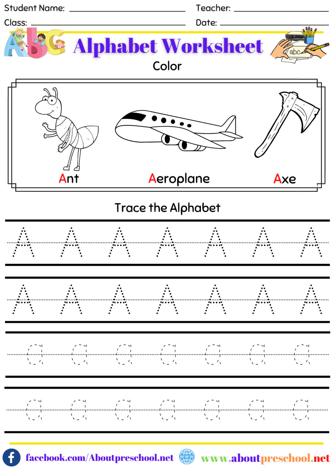 Alphabet Color and Trace Worksheet-A - About Preschool