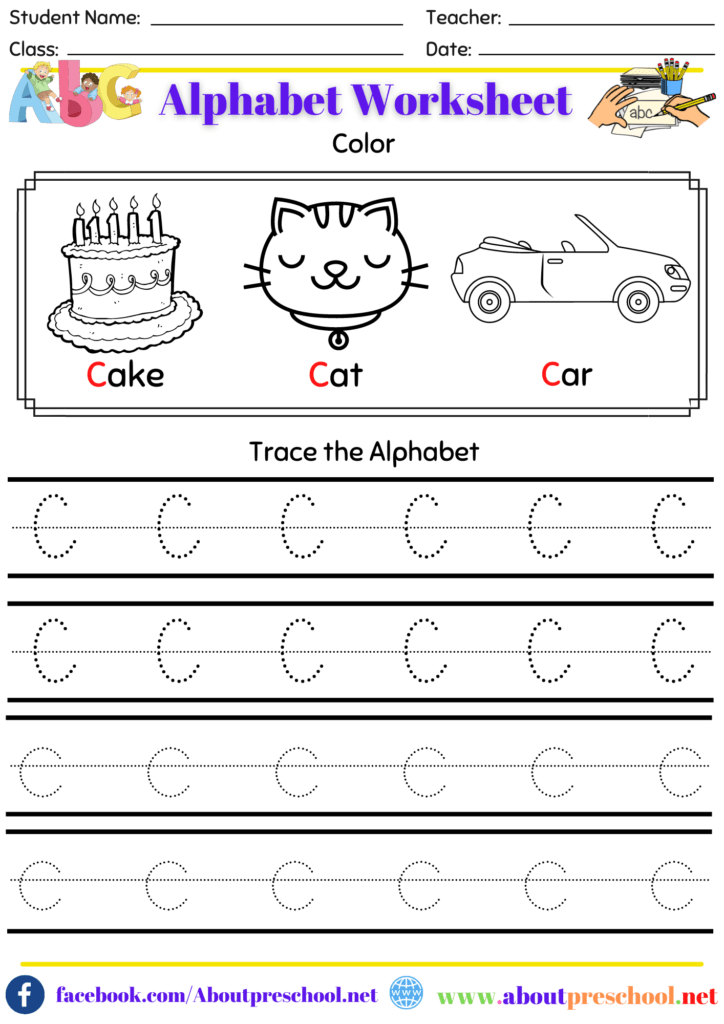 Alphabet Color and Trace Worksheet-C - About Preschool