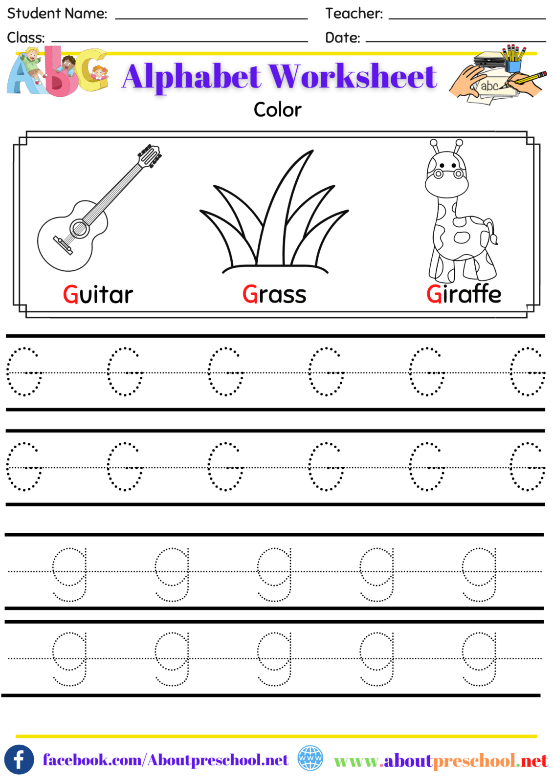 Alphabet Color and Trace Worksheet-G - About Preschool