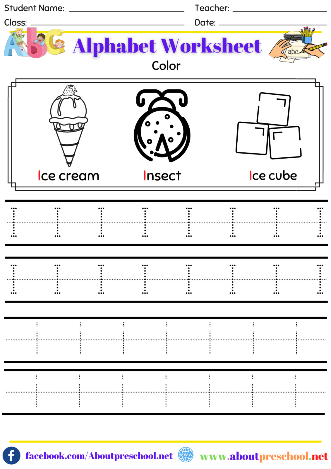 Alphabet Color and Trace Worksheet-I - About Preschool