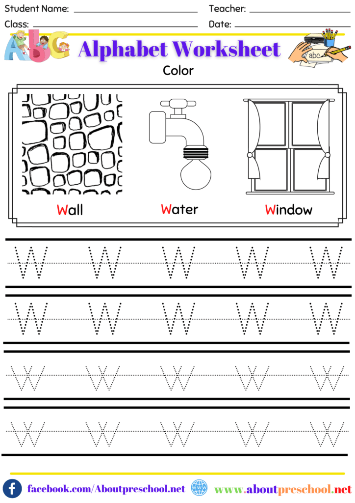 Alphabet Color and Trace Worksheet-W - About Preschool