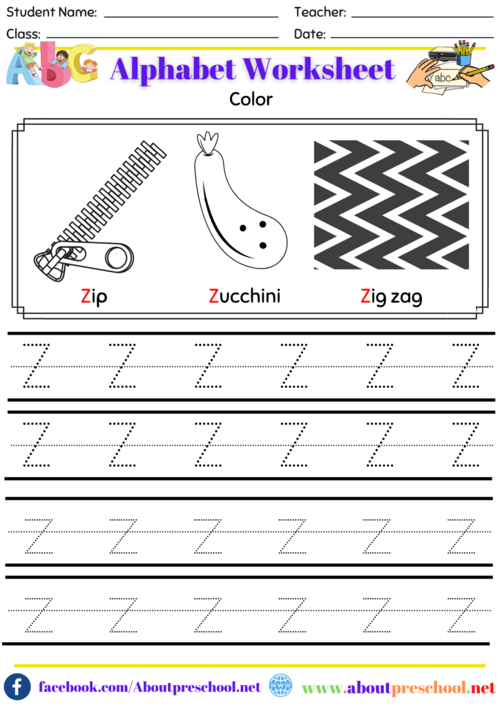 Alphabet Color and Trace Worksheet-Z - About Preschool