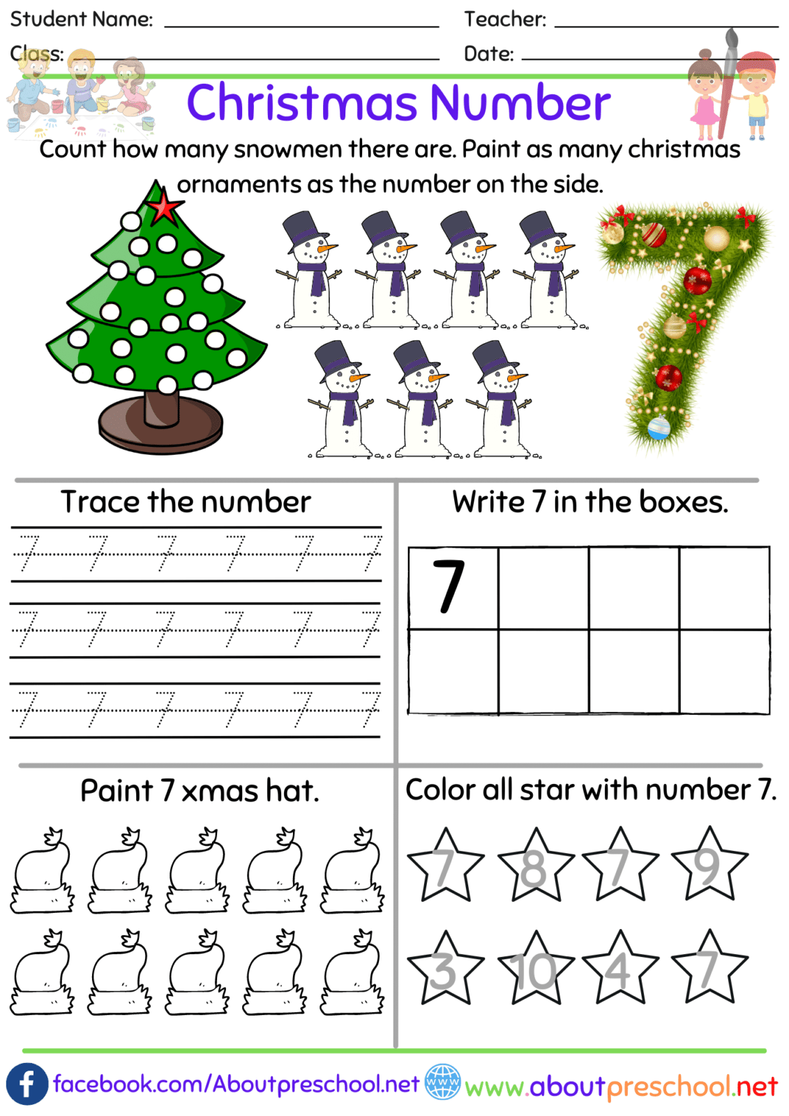 Free Preschool Kindergarten Number 7 Worksheet - About Preschool