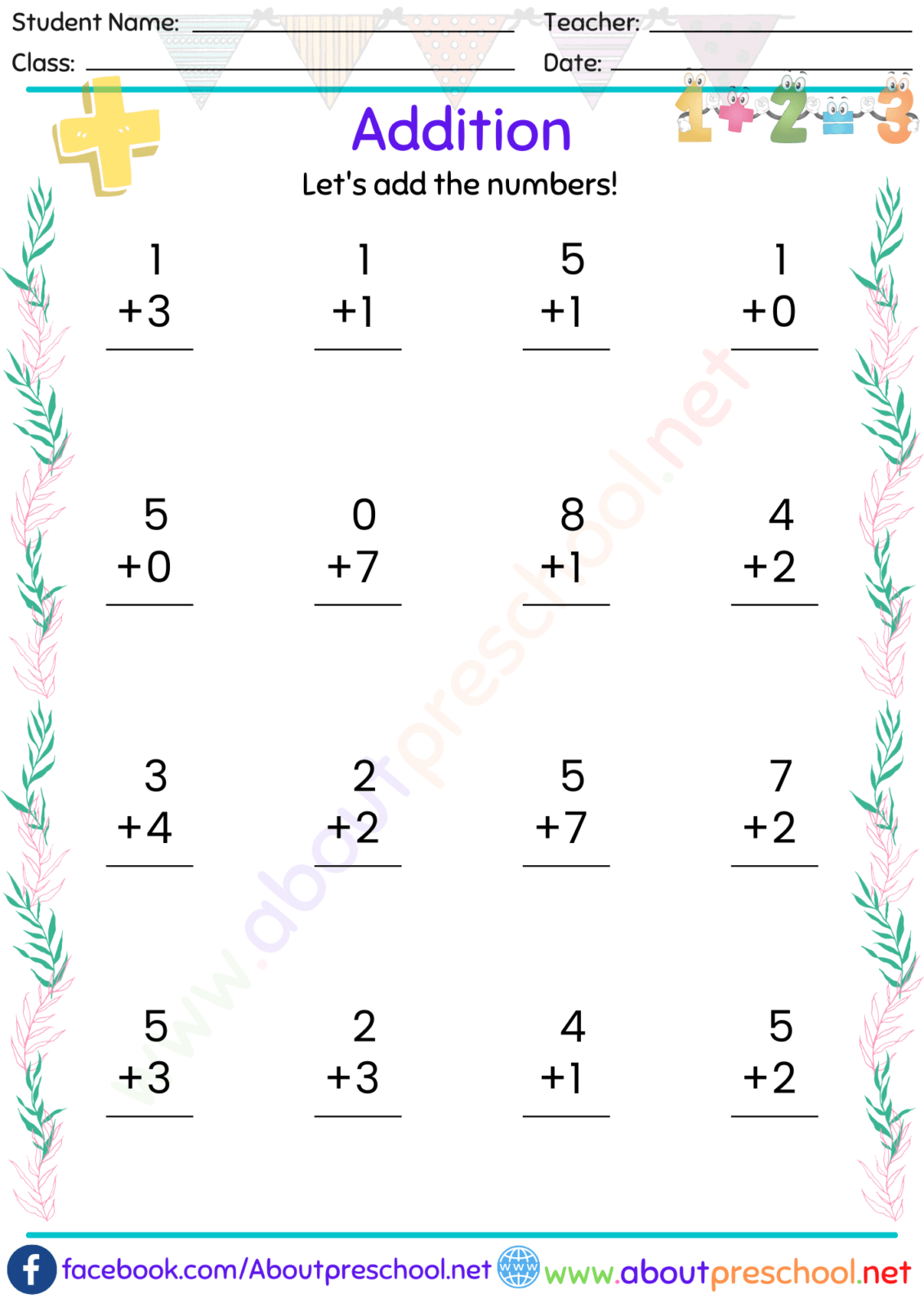 Kindergarten and Grade 1 Addition Worksheets - About Preschool
