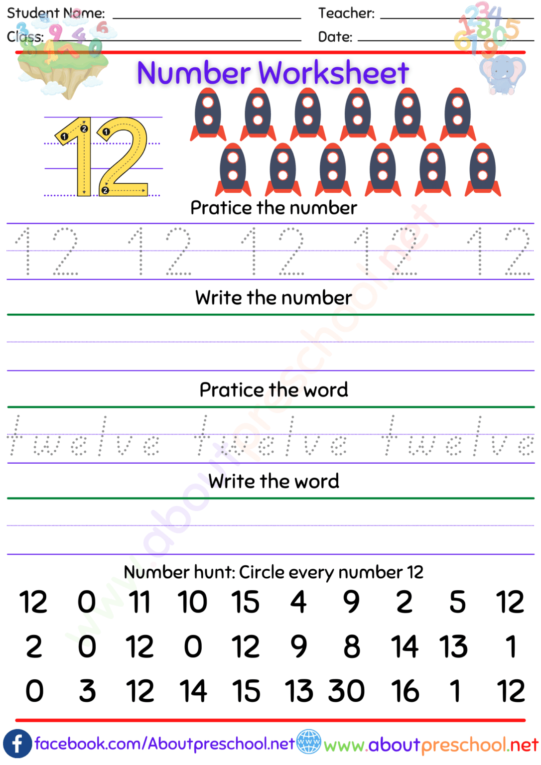 Number 12 Worksheet - About Preschool