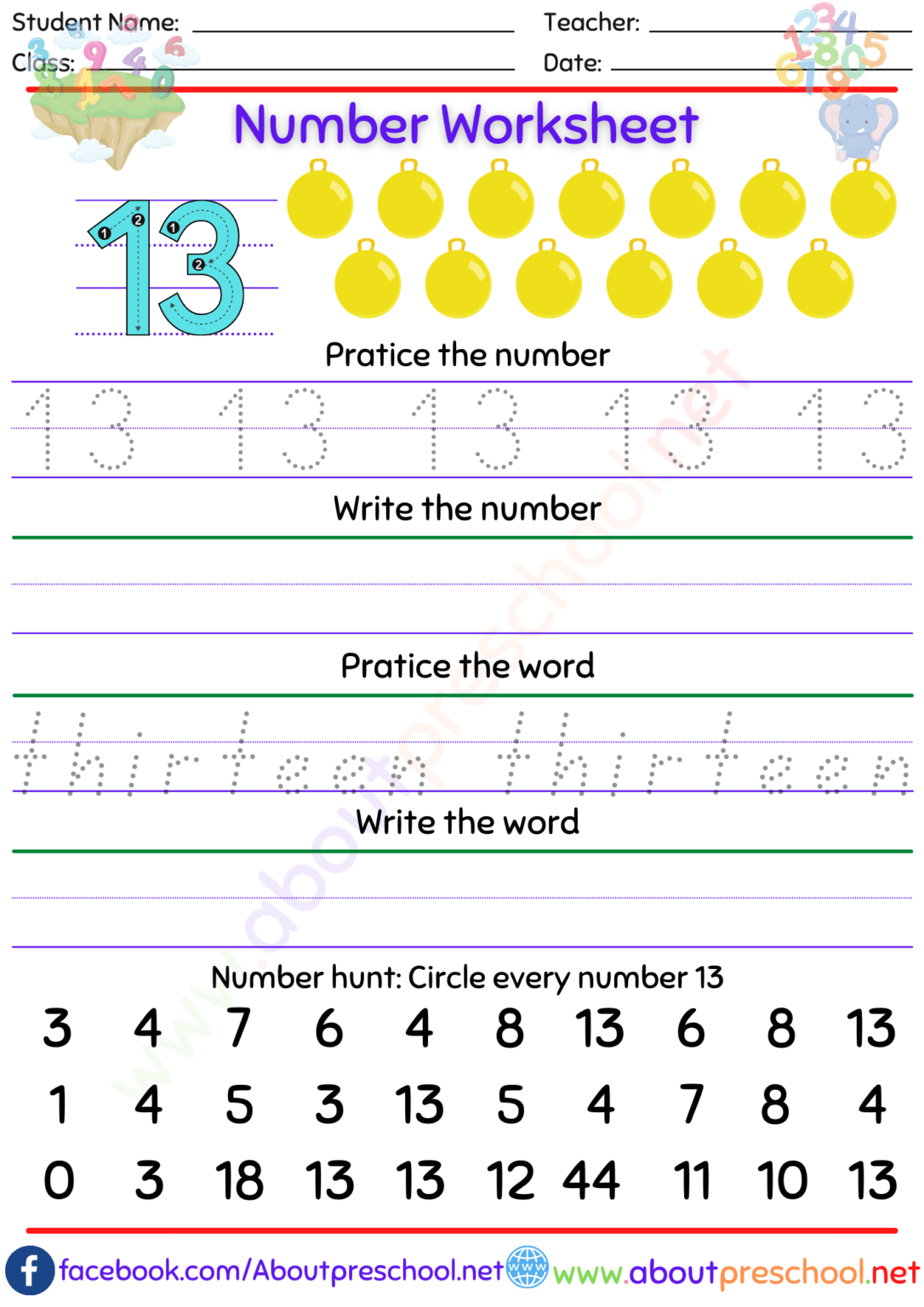 Number 13 Worksheet - About Preschool