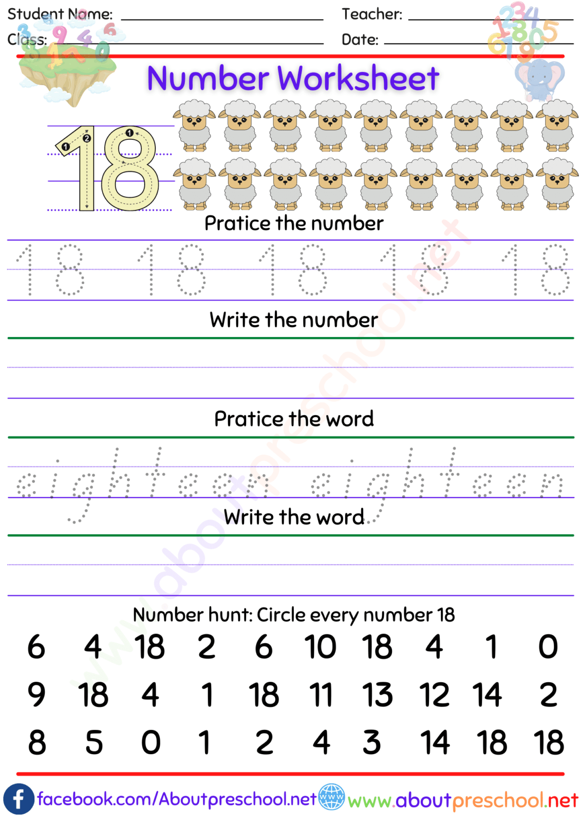 Number 18 Worksheet About Preschool