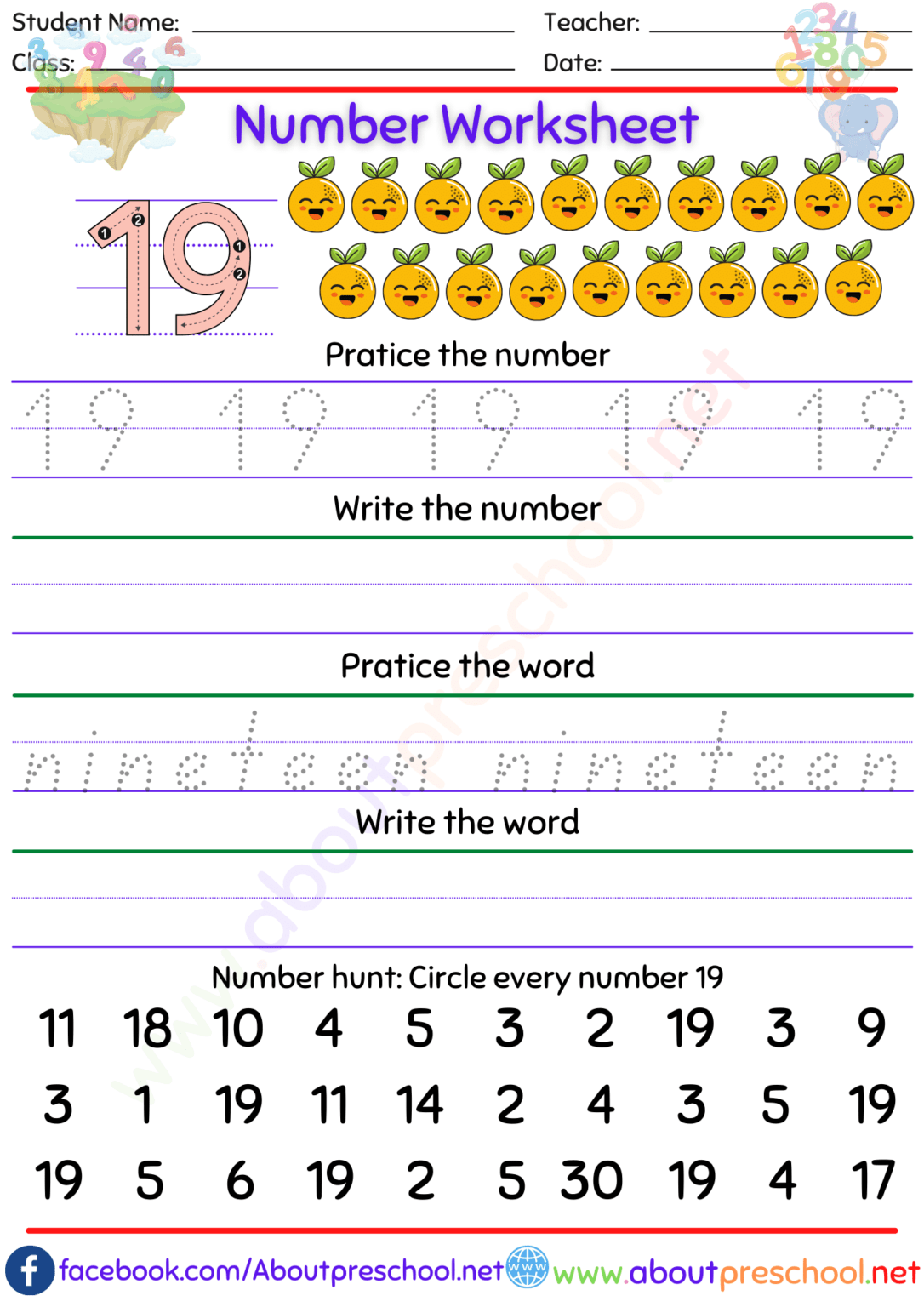 Number 19 Worksheet - About Preschool