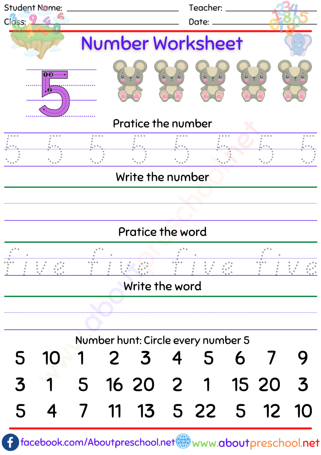 Number 5 Worksheet - About Preschool