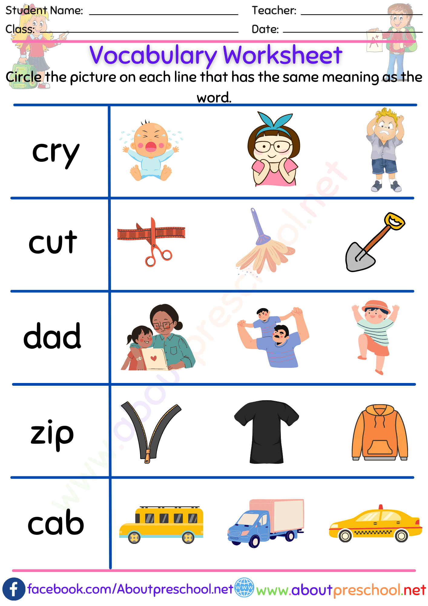 Vocabulary Worksheet-4 - About Preschool
