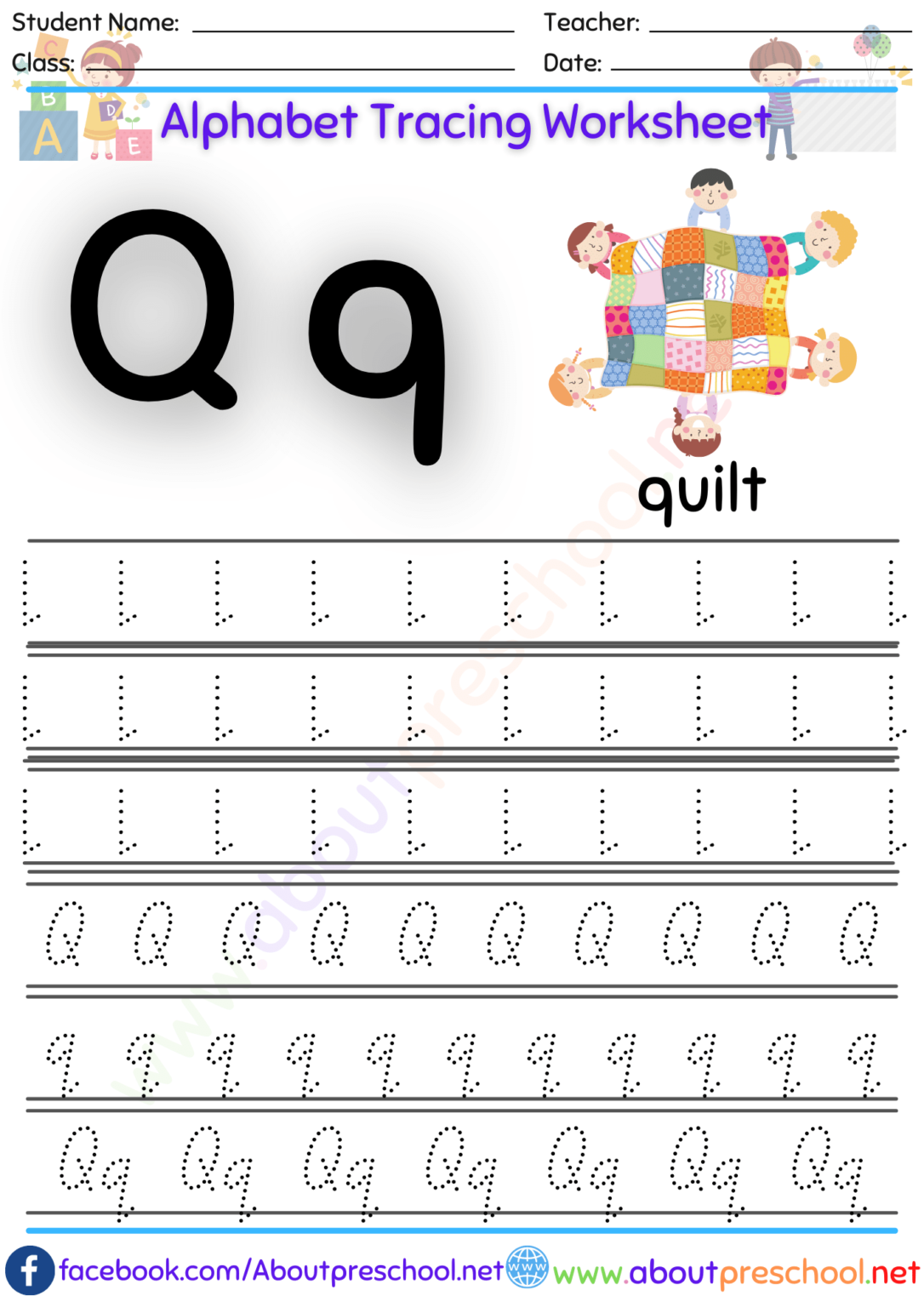Alphabet-Letter Q Tracing Worksheet - About Preschool