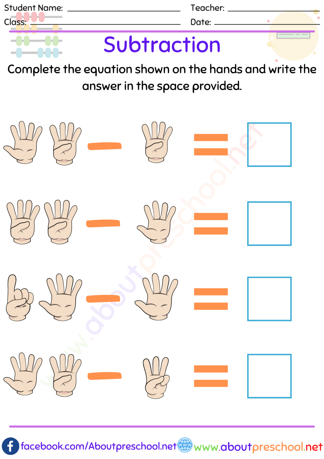 Kindergarten Subtraction-5 - About Preschool