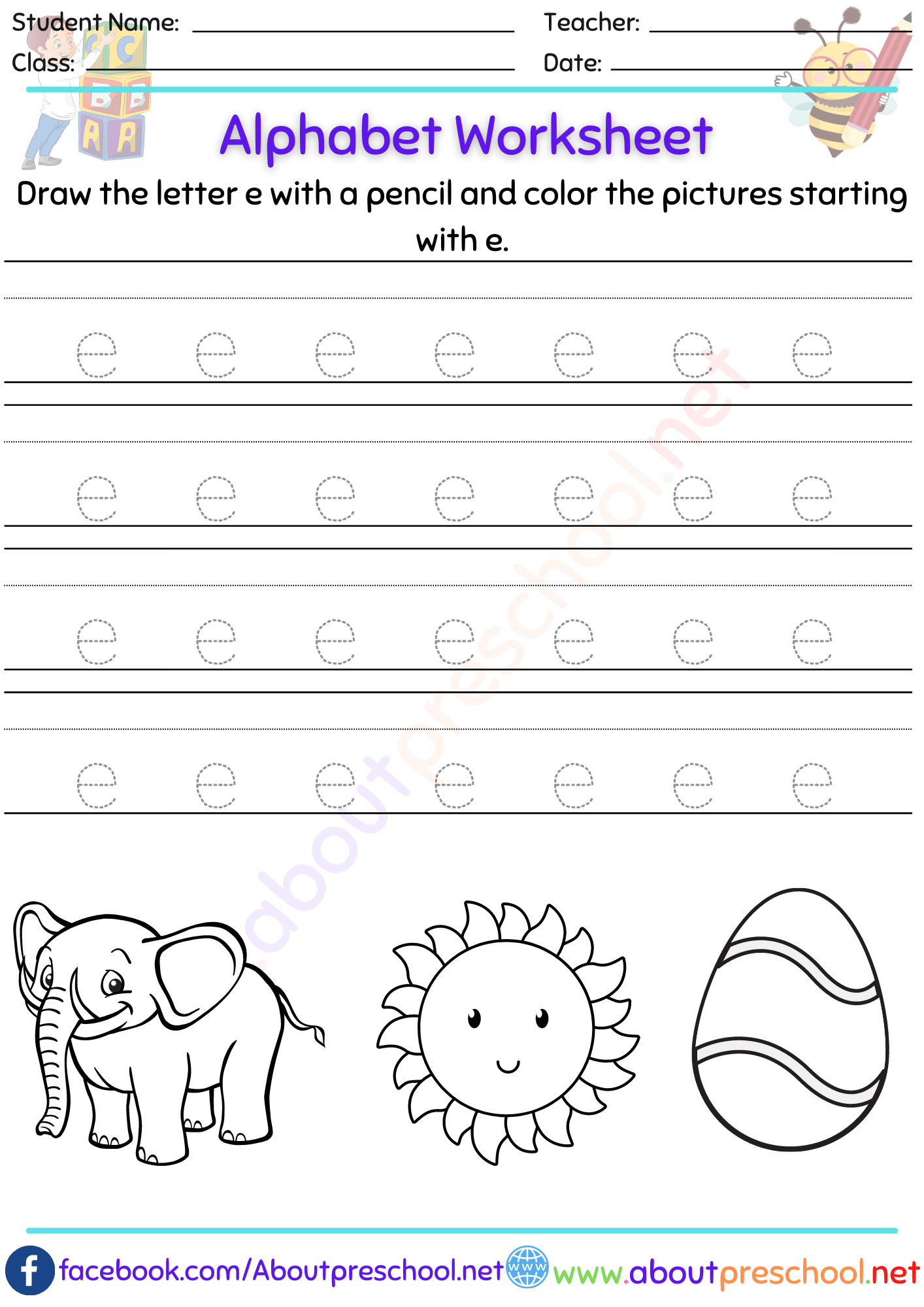 Letter Trace Worksheet-e - About Preschool