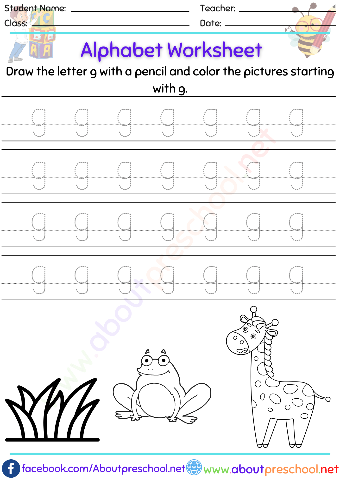 Letter Trace Worksheet-g - About Preschool