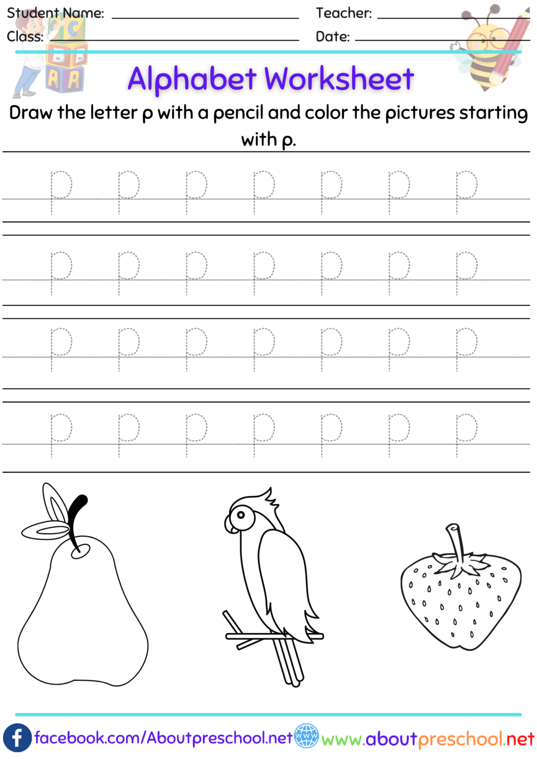 Letter Trace Worksheet-p - About Preschool
