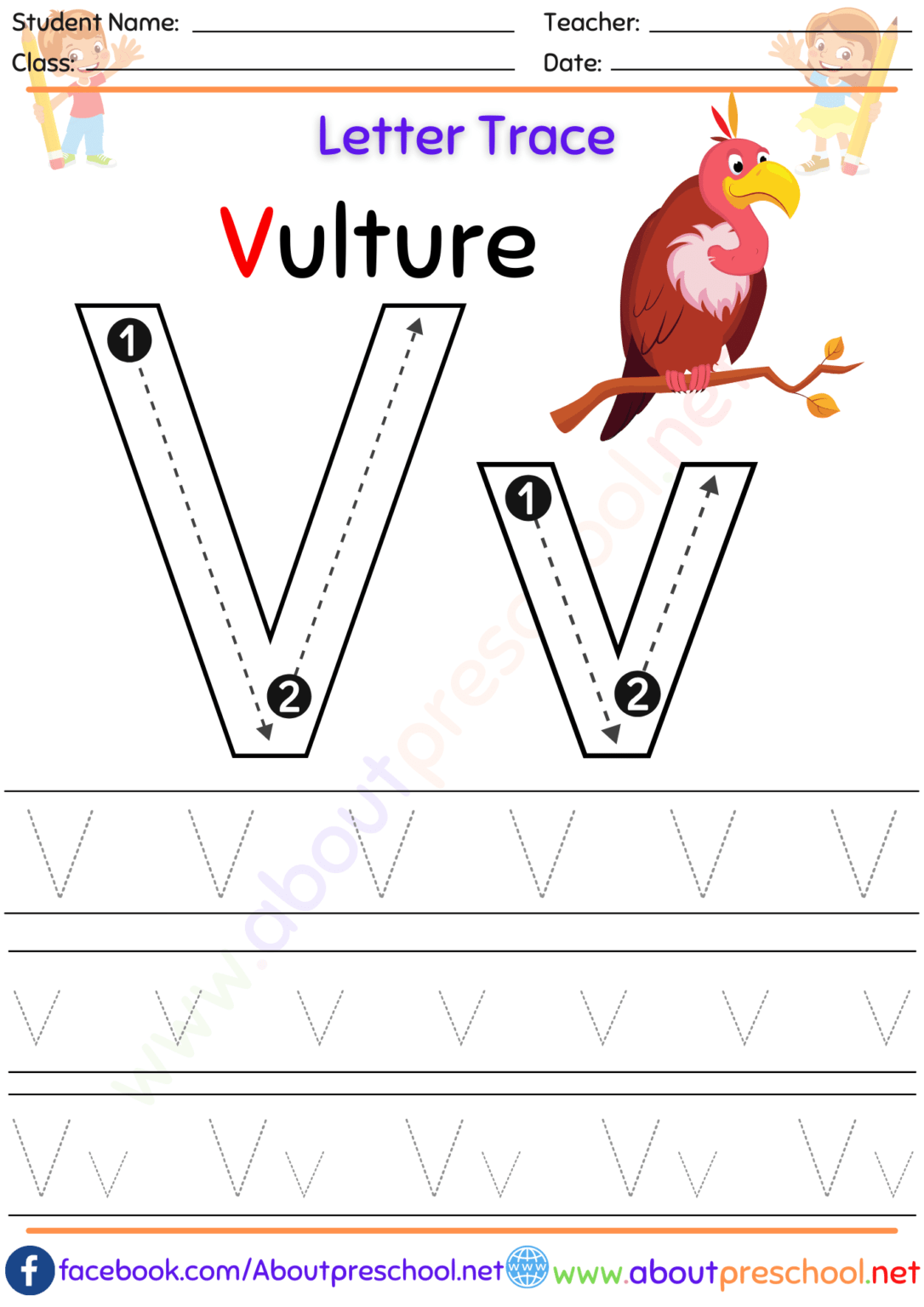 Letter V Tracing Worksheet PDF - About Preschool