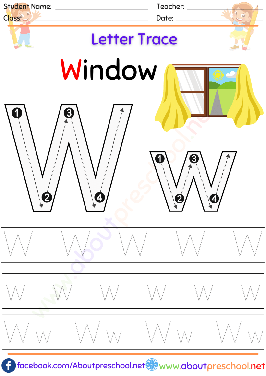 Letter W Tracing Worksheet PDF - About Preschool