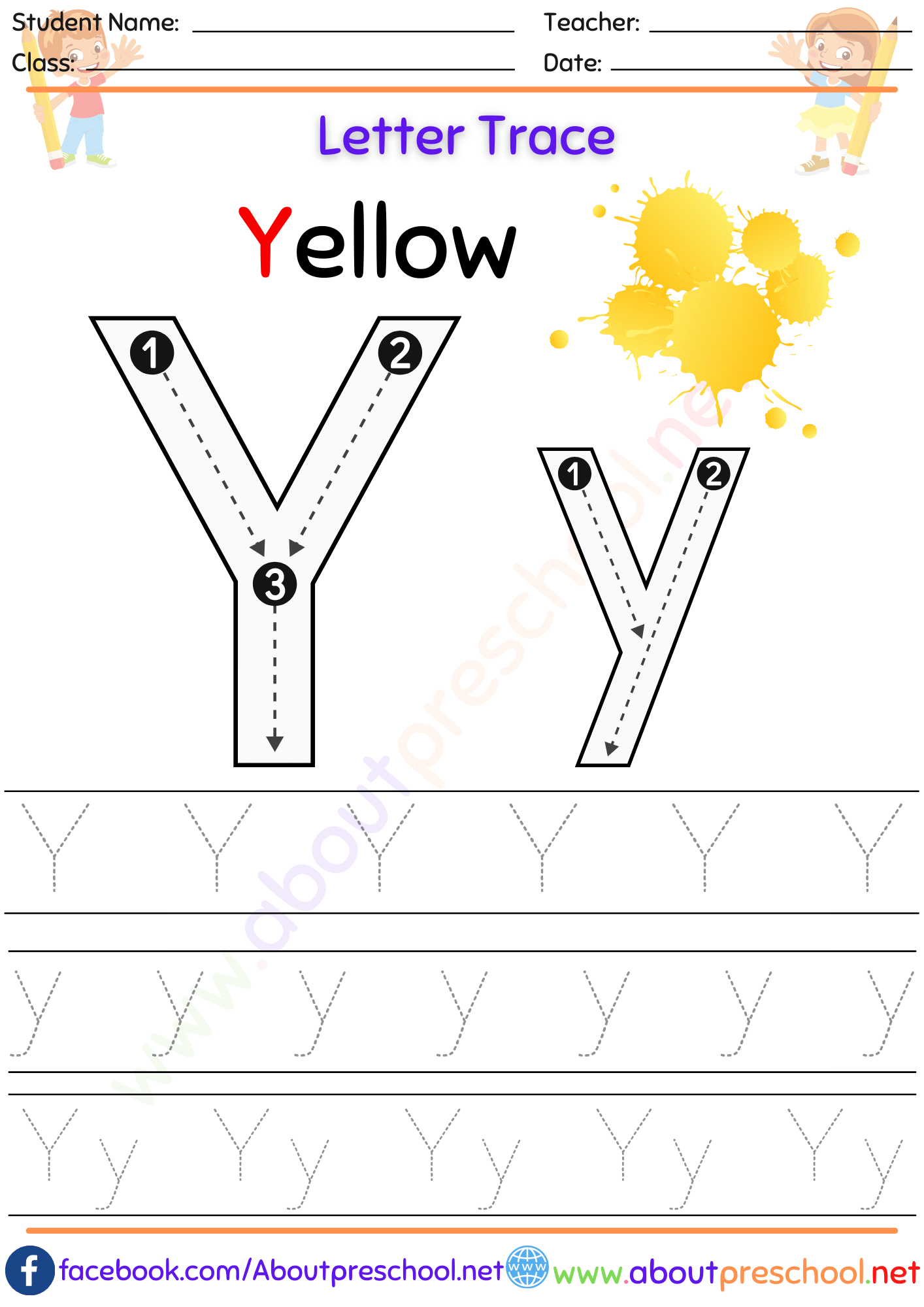 Letter Y Tracing Worksheet PDF - About Preschool