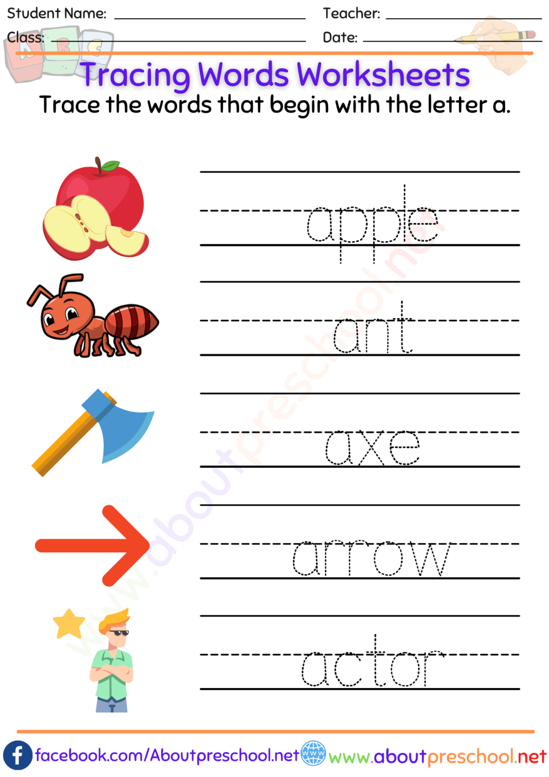 Tracing Words Worksheets-a - About Preschool