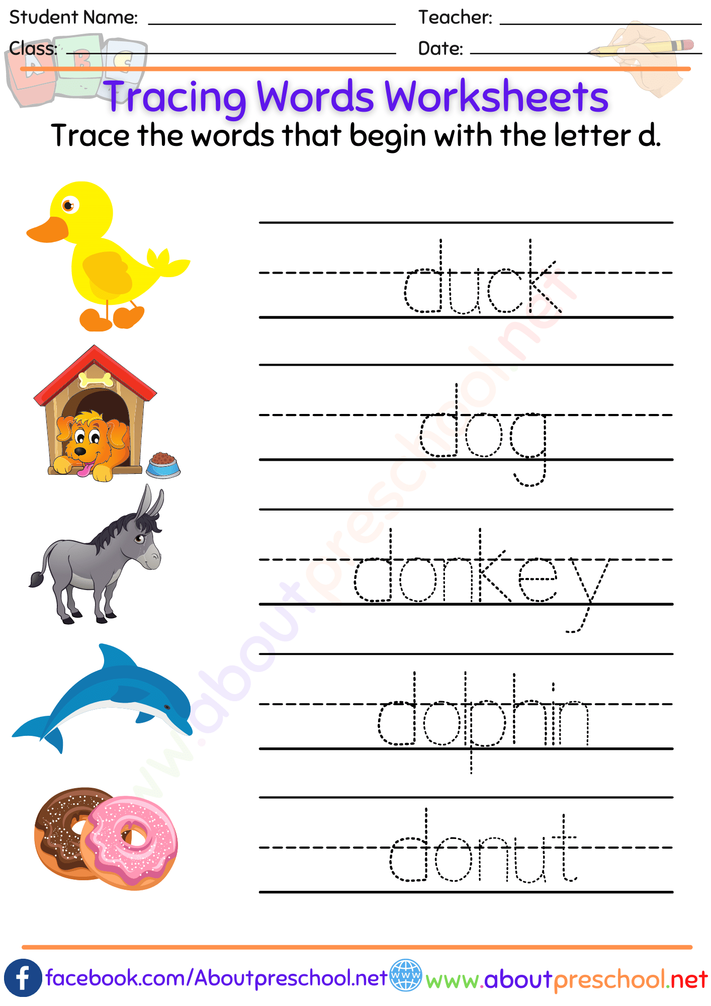 Tracing Words Worksheets-d - About Preschool