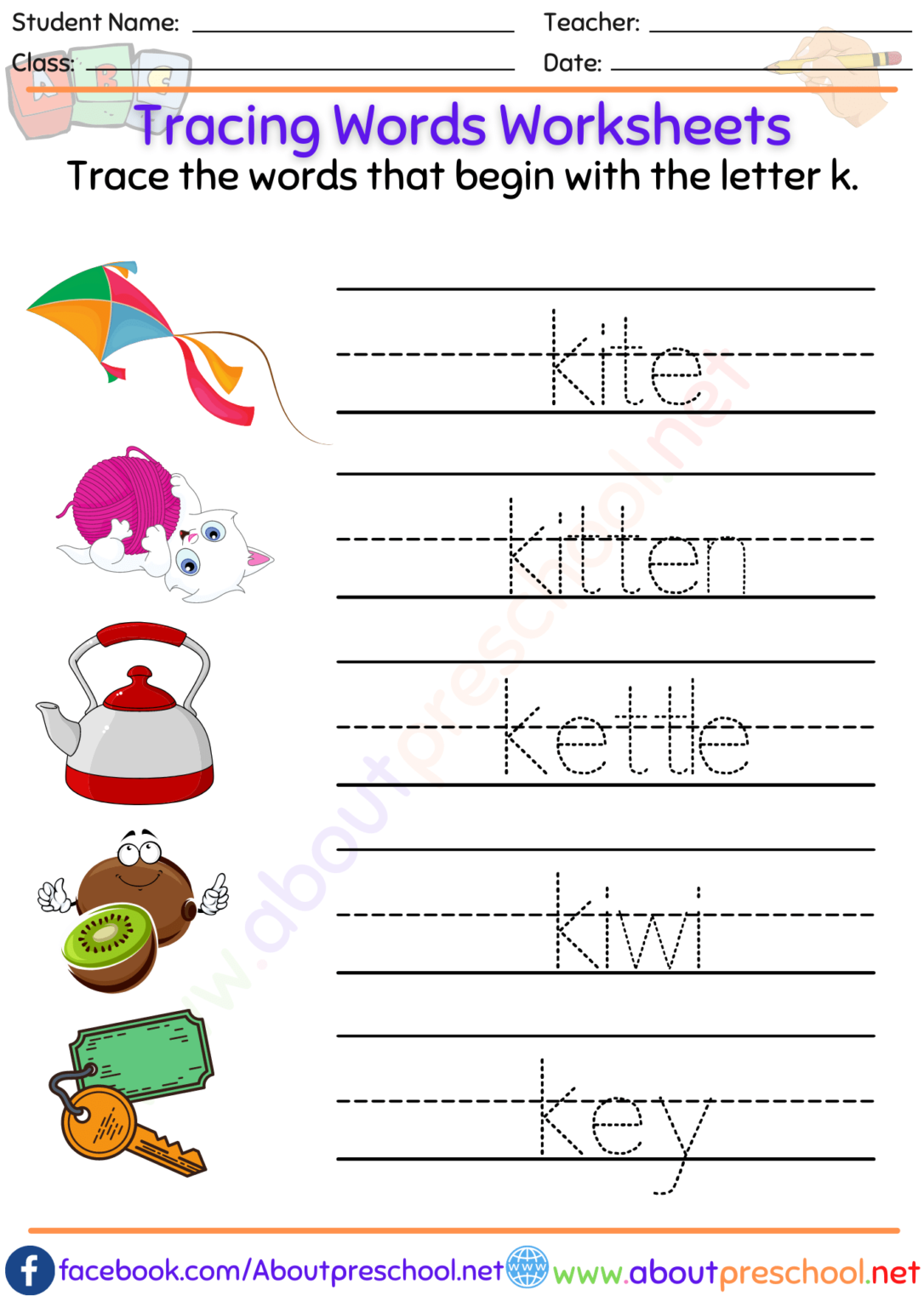 Tracing Words Worksheets-k - About Preschool