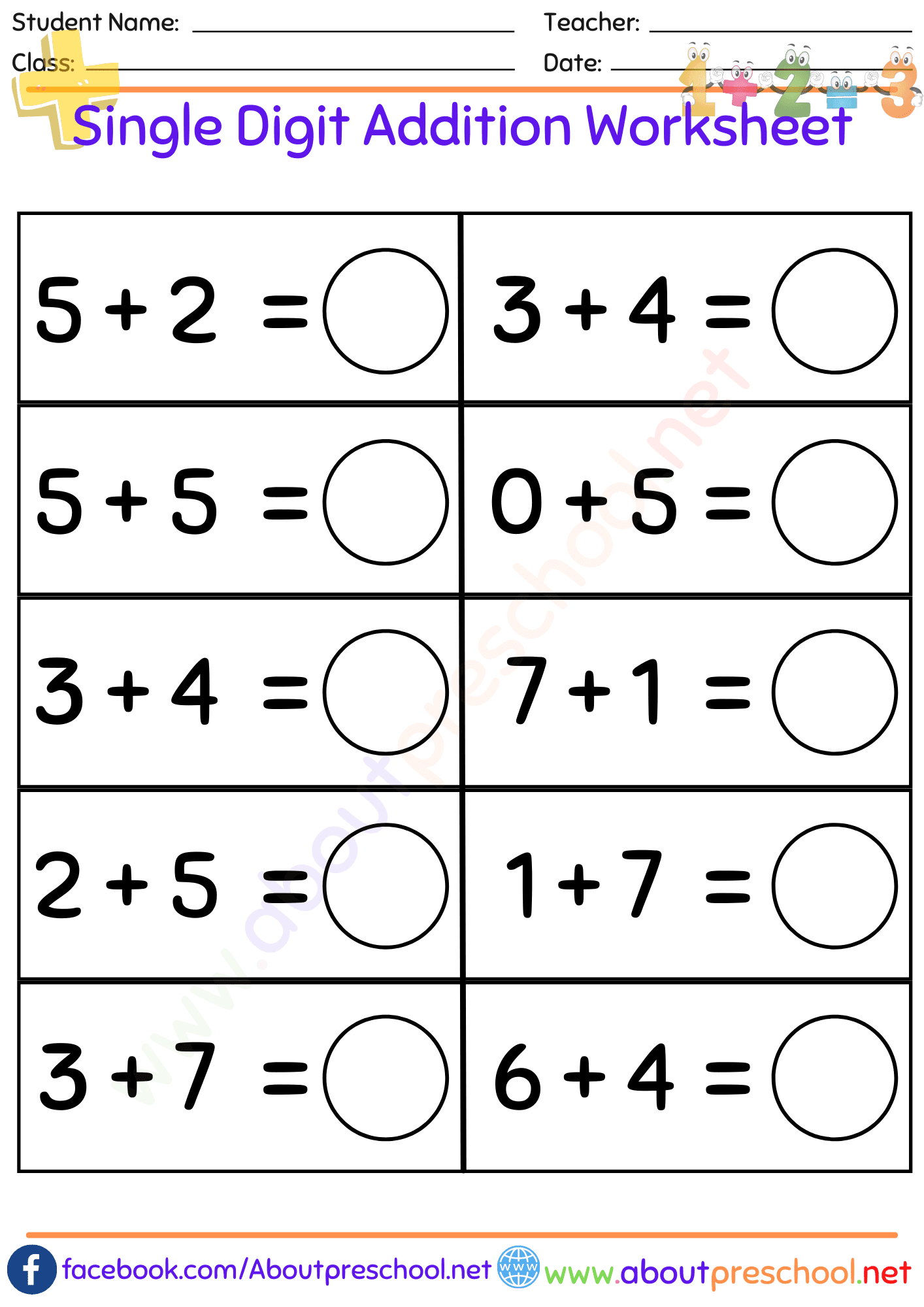 Single Digit Addition Worksheet 1 About Preschool Single Digit Addition Worksheet 1 About Preschool