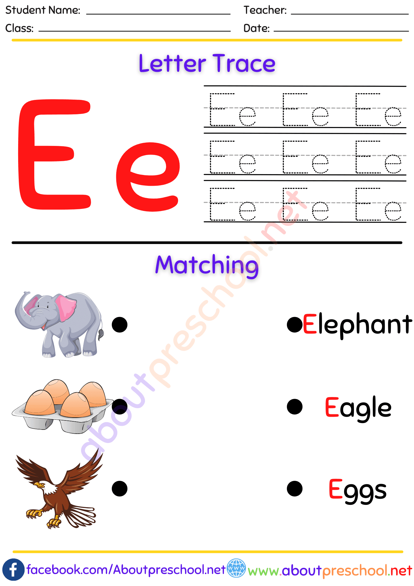 Letter Trace and Matching E - About Preschool