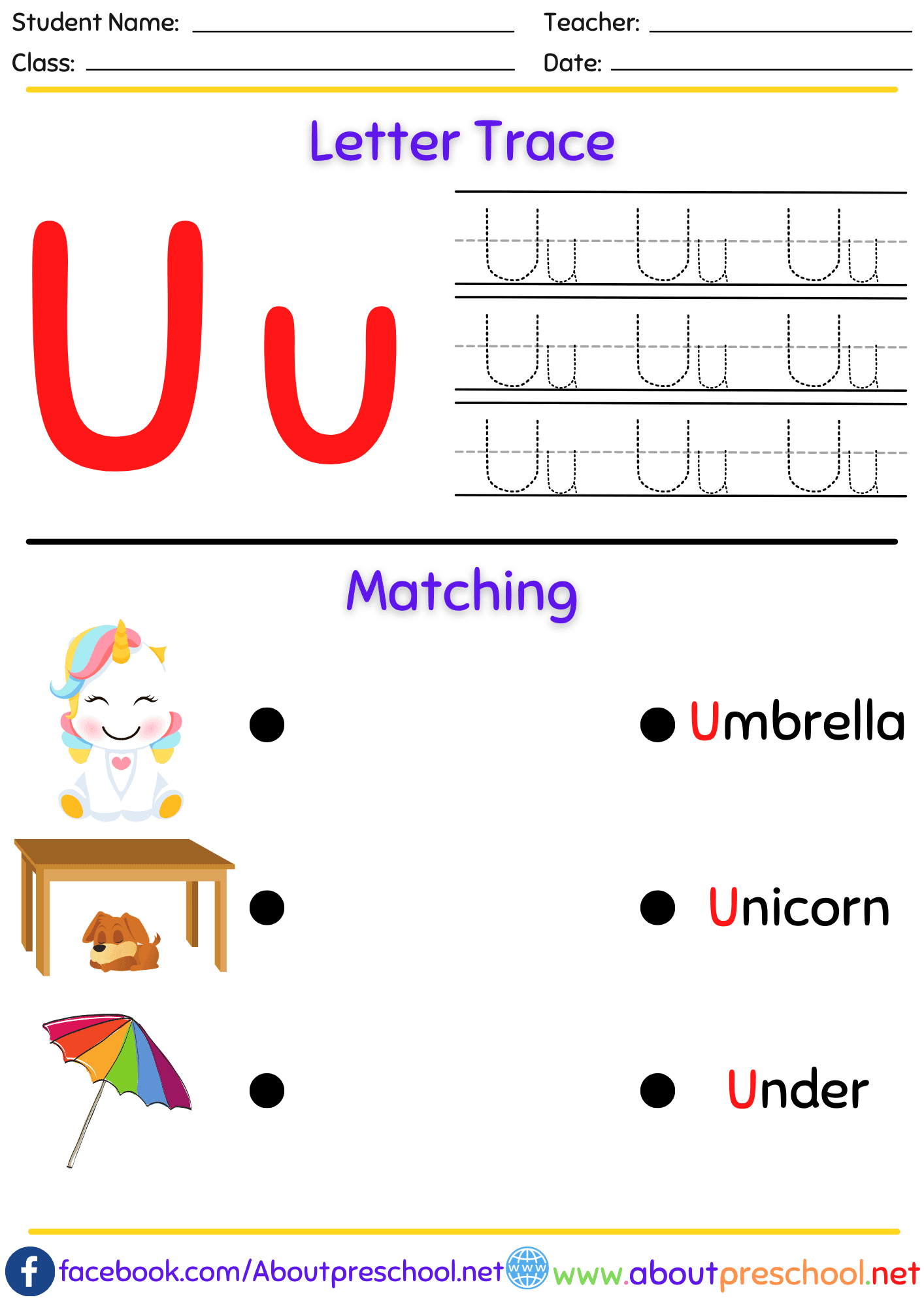 Letter Trace and Matching U - About Preschool