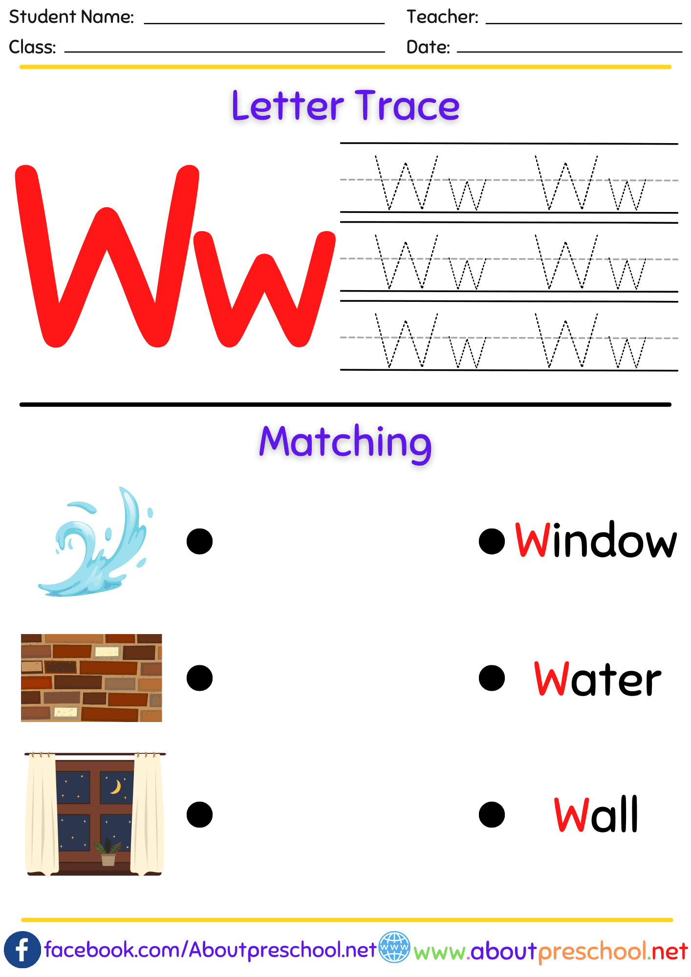 Letter Trace and Matching W - About Preschool
