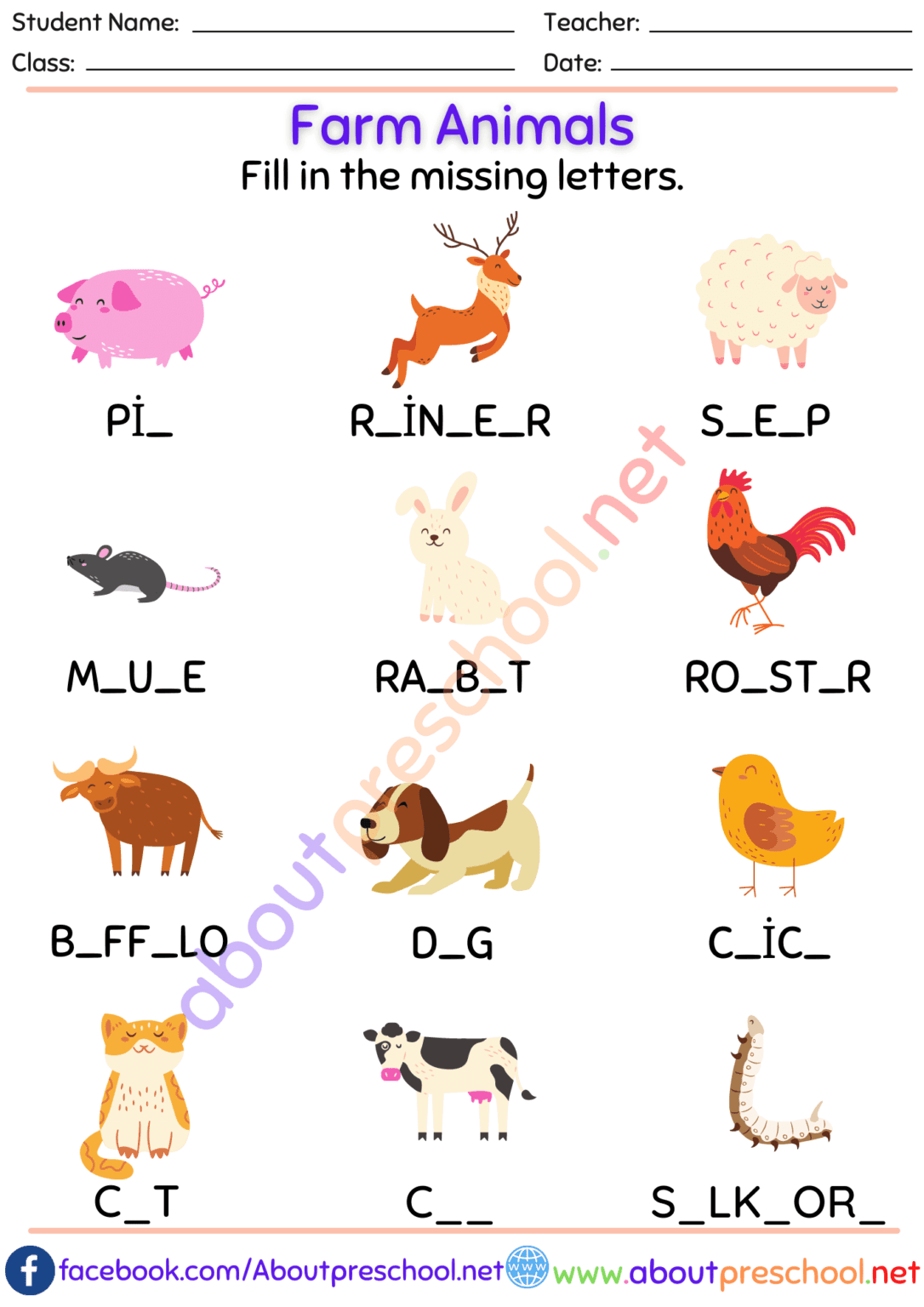 Missing Letters Worksheets Farm Animals-2 - About Preschool
