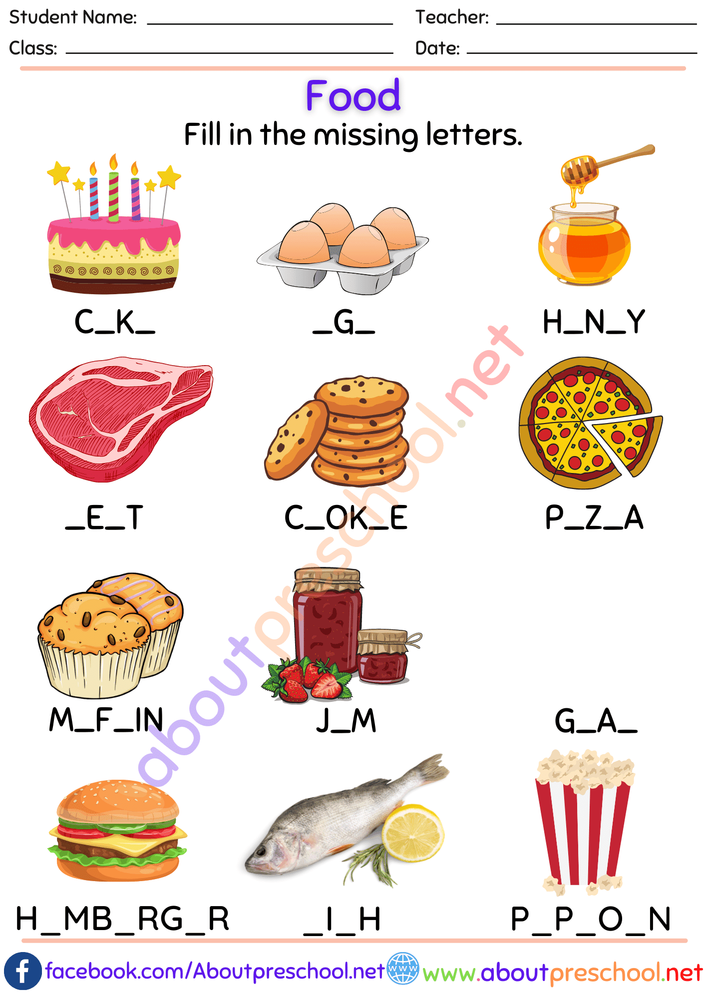 Missing Letters Worksheets Food - About Preschool