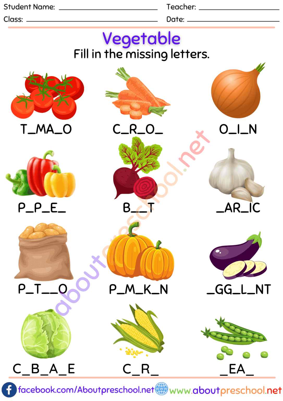 Missing Letters Worksheets Vegetable - About Preschool