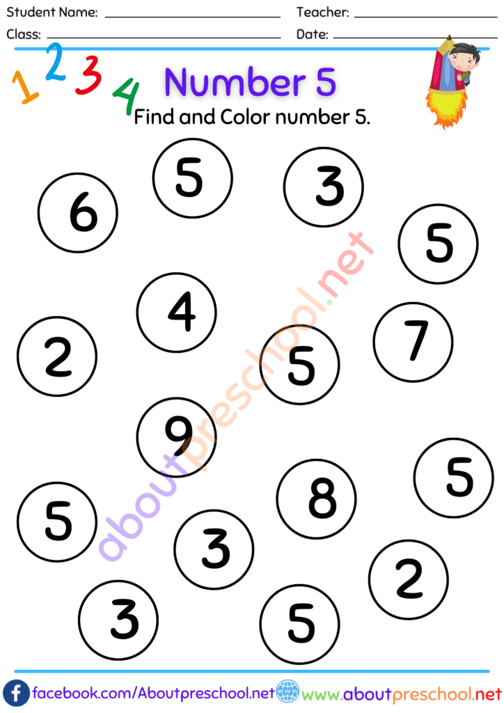 Color Number 5 Worksheet - About Preschool