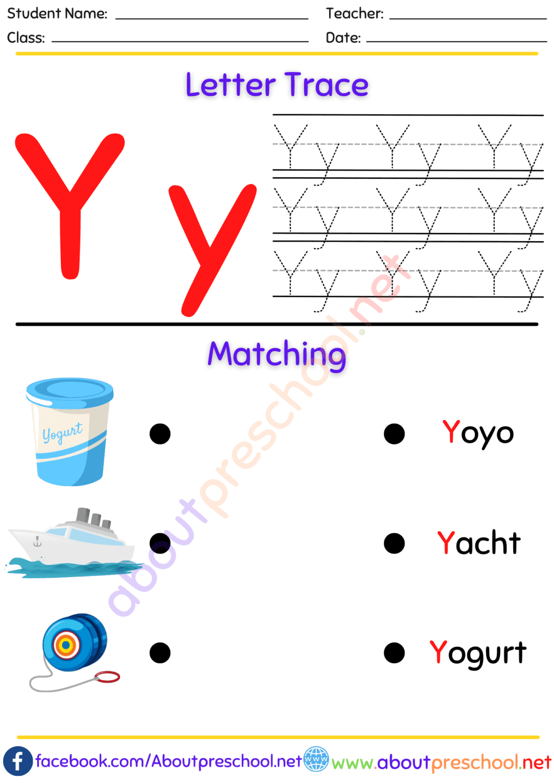 Letter Trace and Matching Y - About Preschool