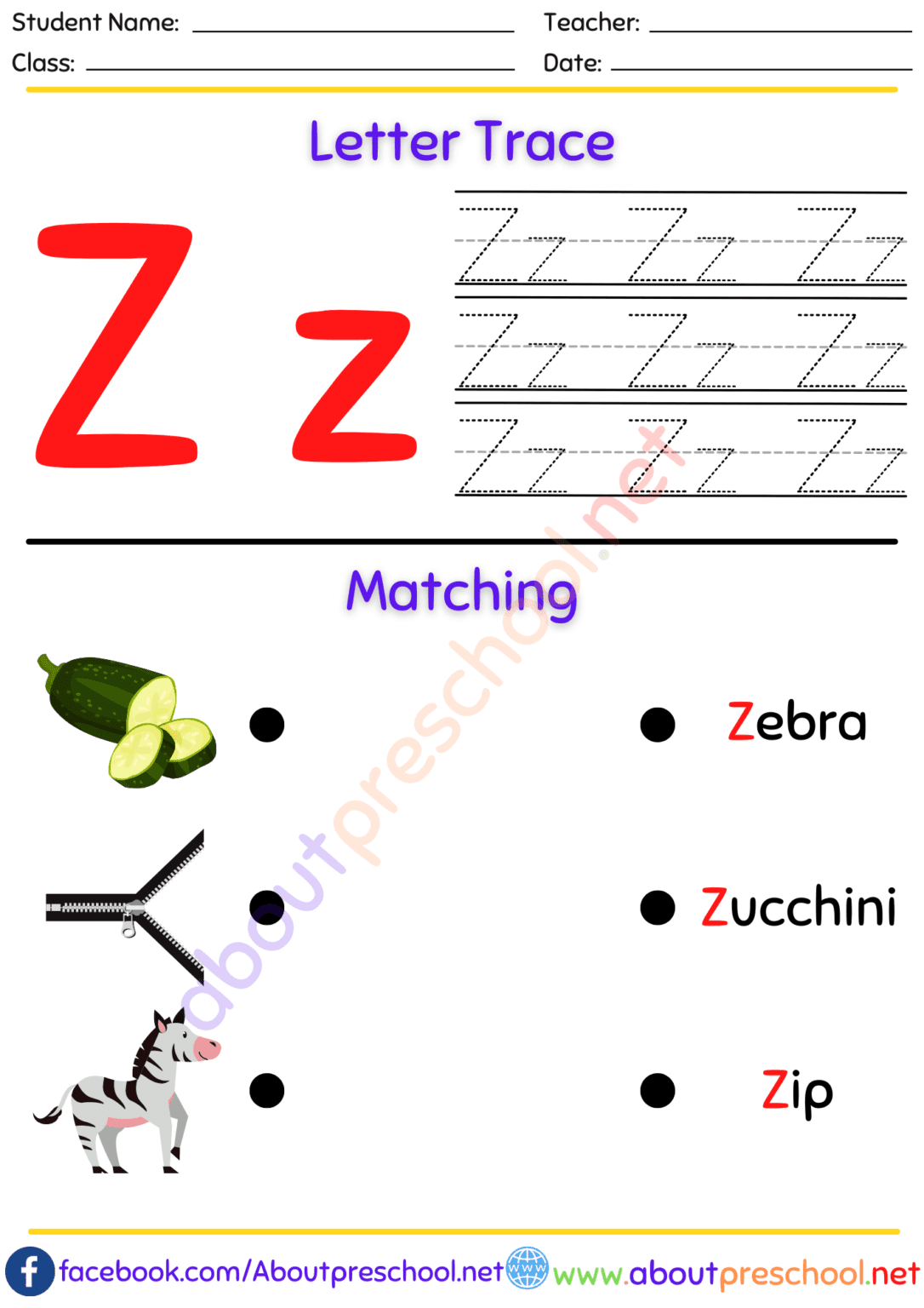 Letter Trace and Matching Z - About Preschool