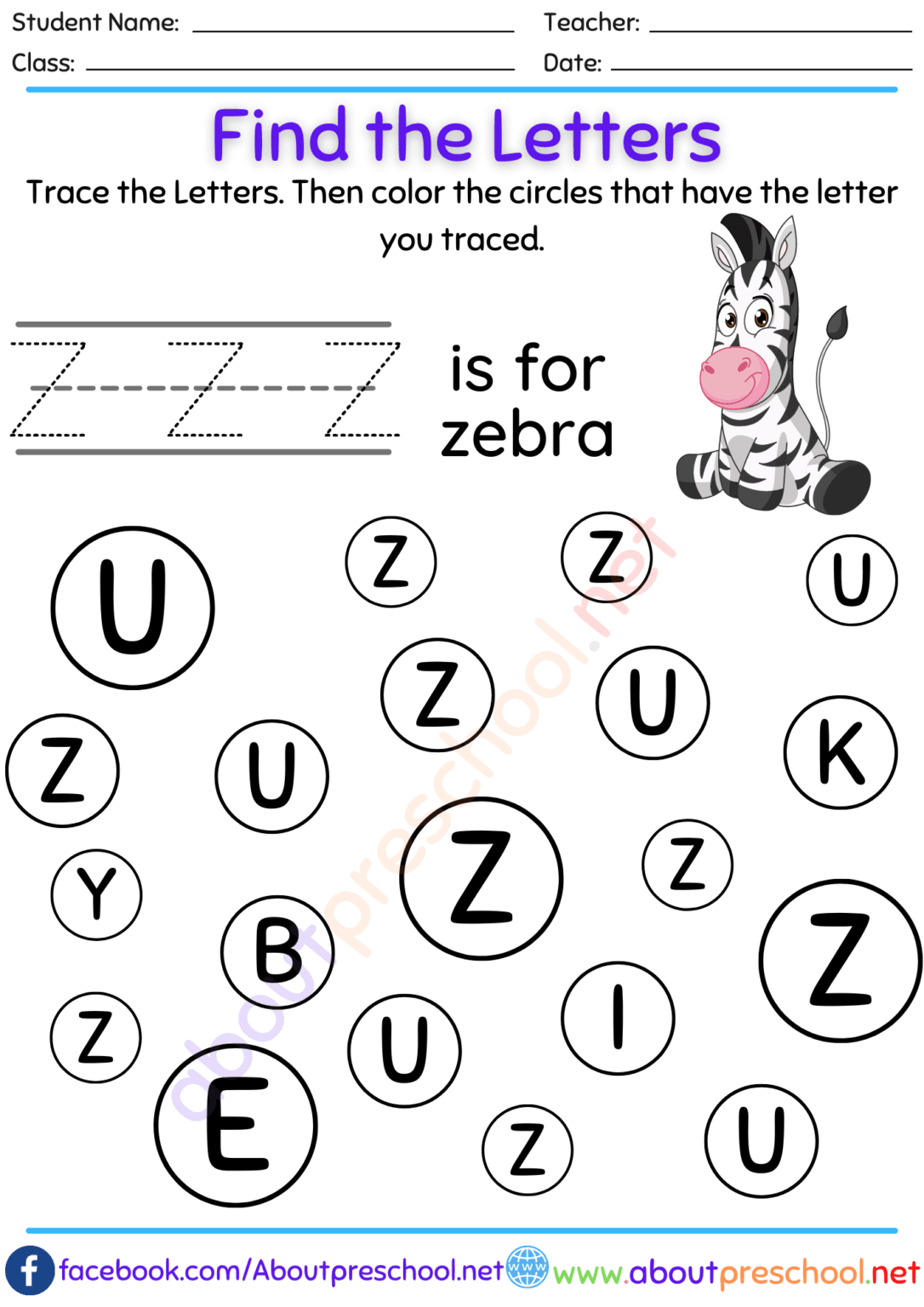 Find the Letters Z - About Preschool