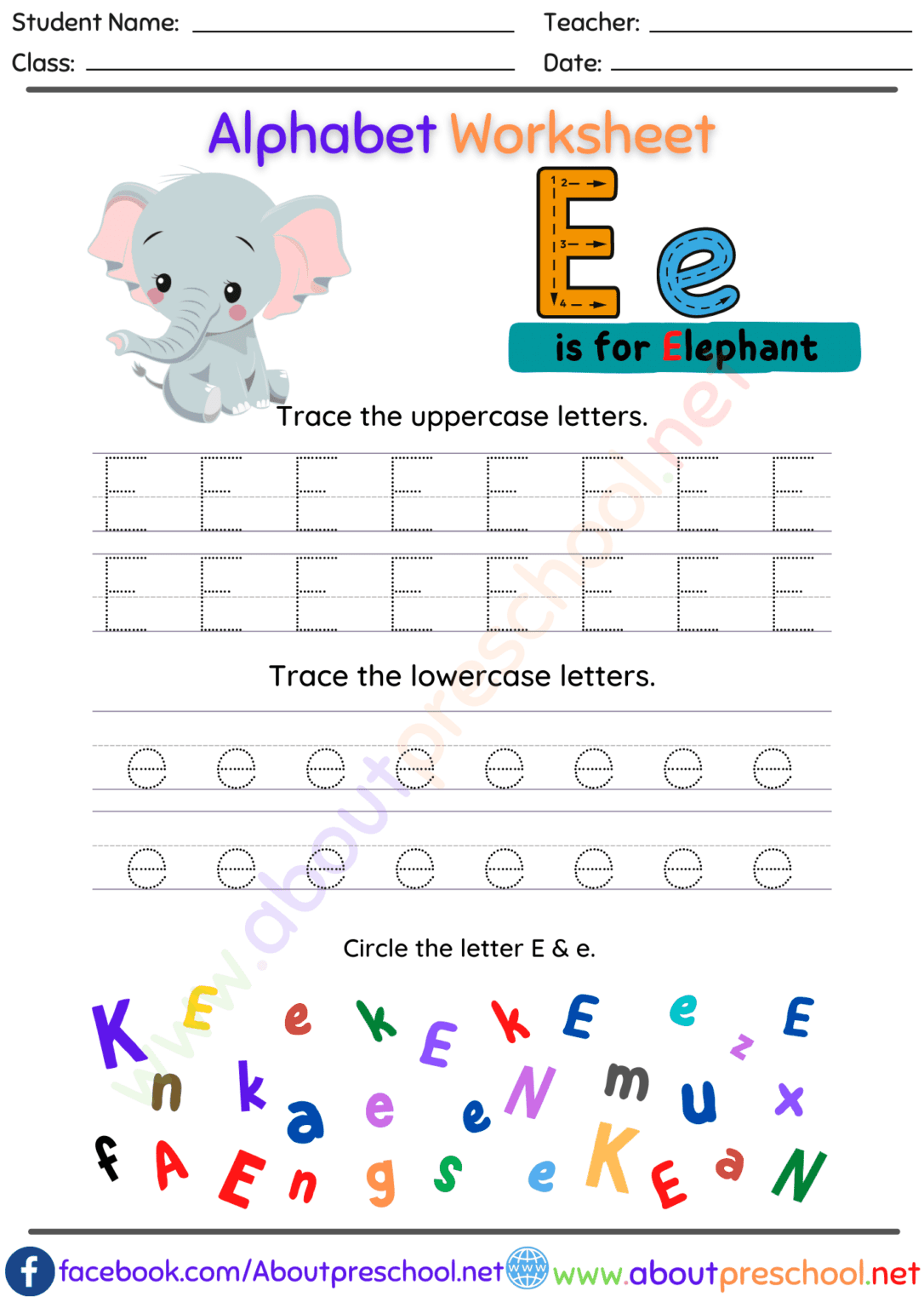 Trace Letter e Worksheets - About Preschool