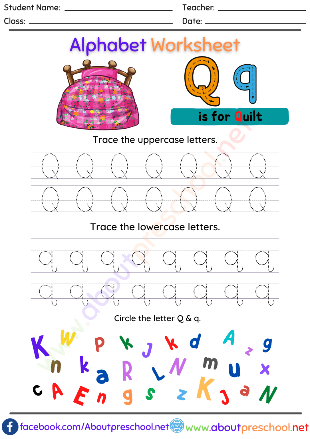 Trace Letter q Worksheets - About Preschool