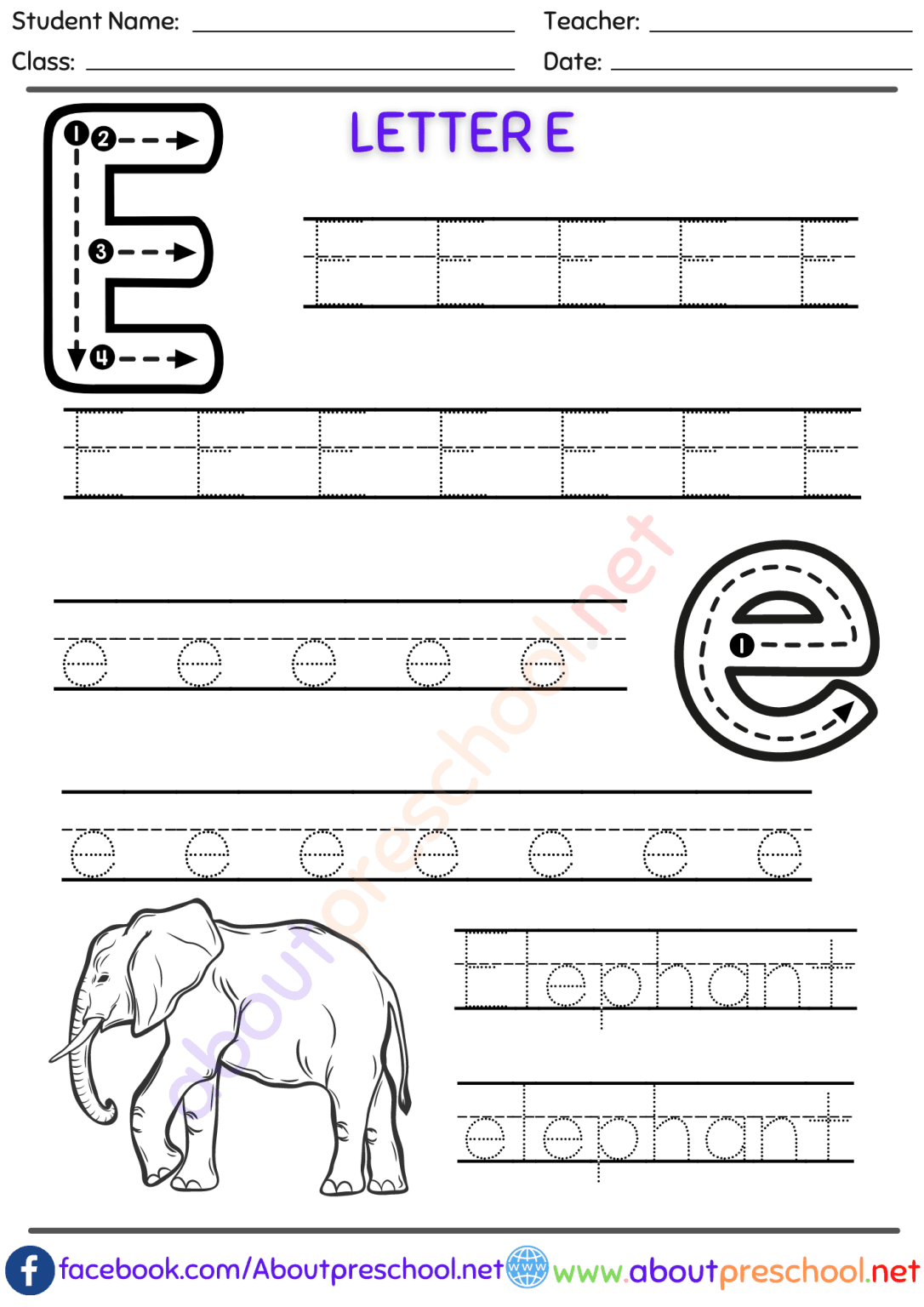 Kindergarten Letter Trace E - About Preschool