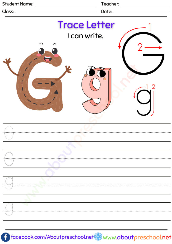Letters for Tracing g - About Preschool