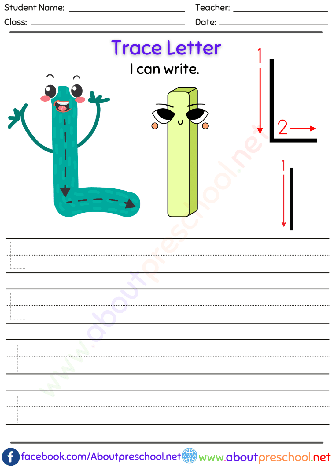Letters for Tracing l - About Preschool