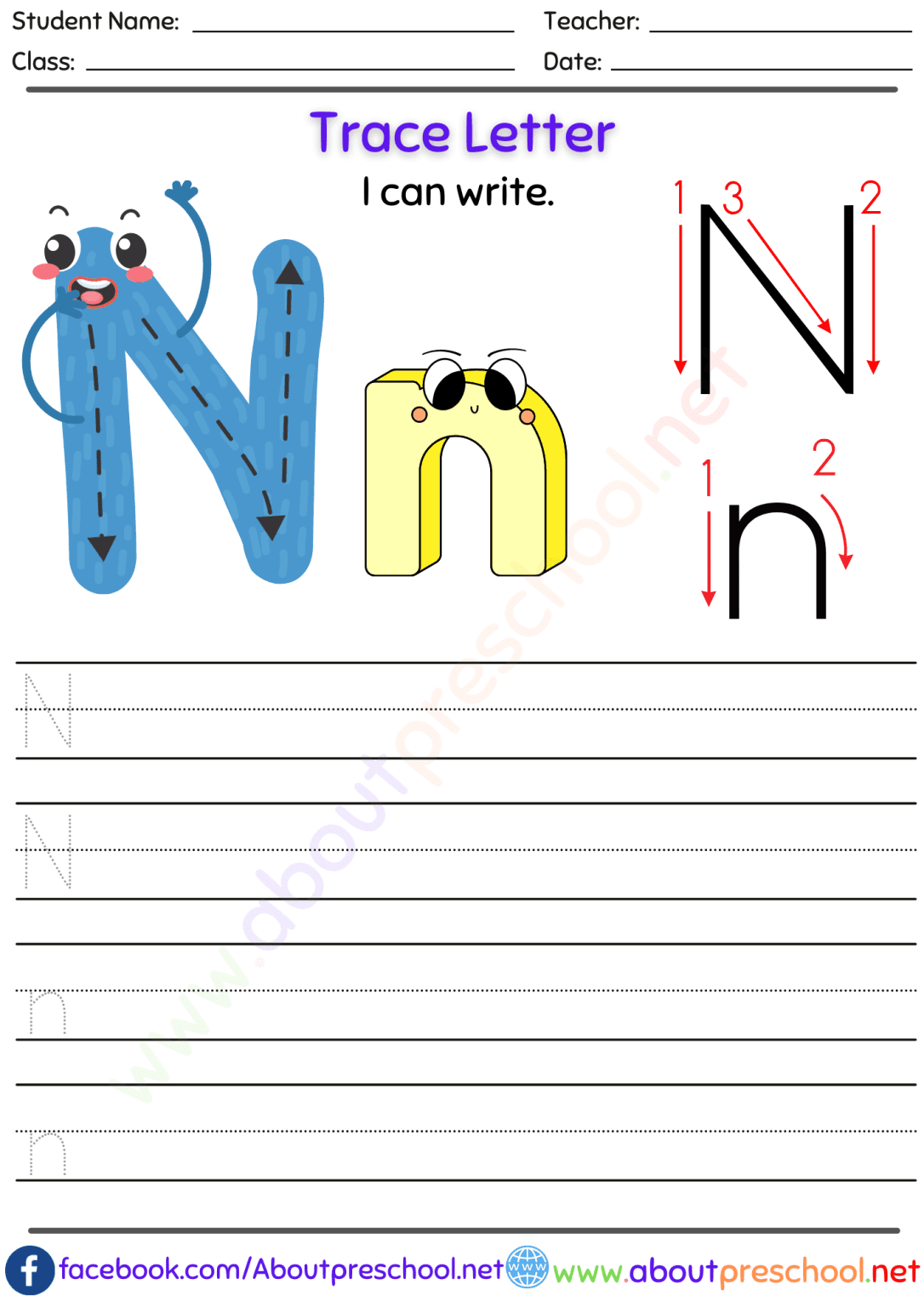 Letters for Tracing n - About Preschool