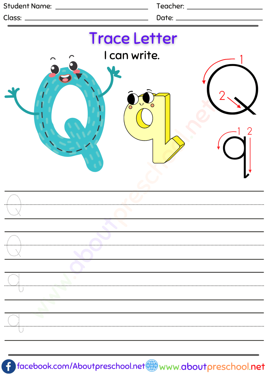 Letters for Tracing q - About Preschool