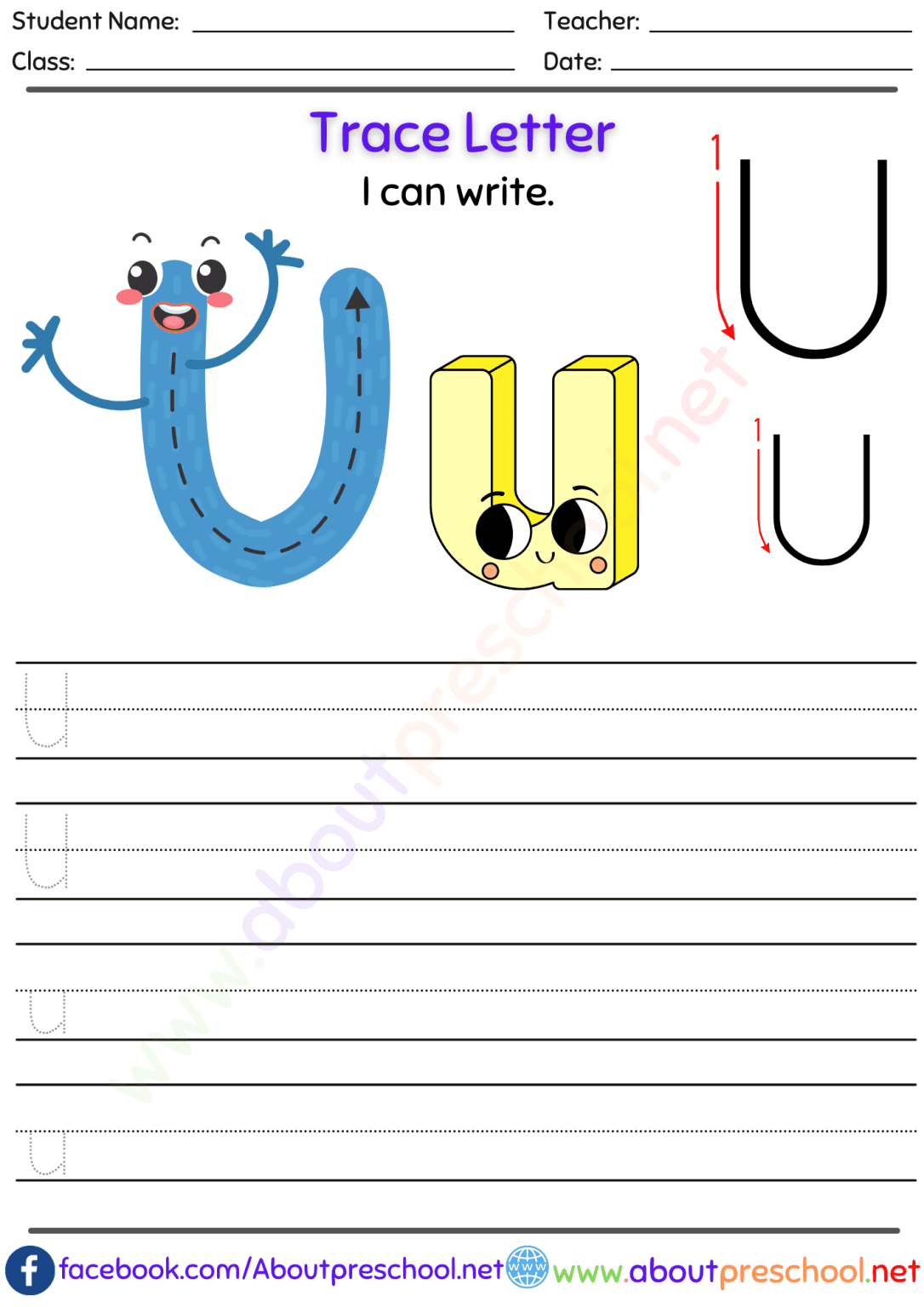 Letters for Tracing u - About Preschool