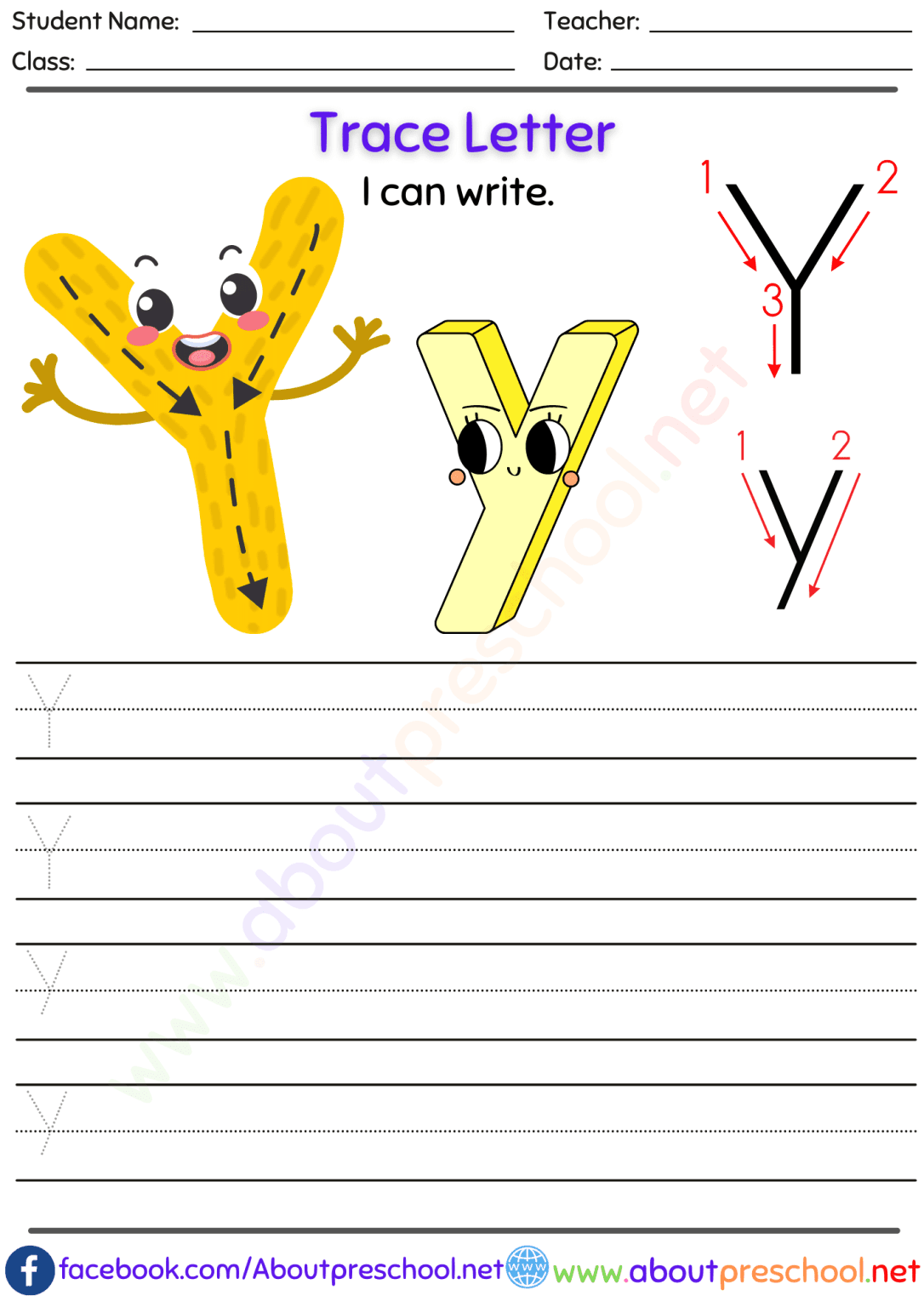 Letters for Tracing y - About Preschool