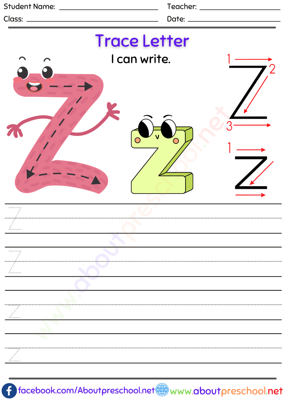 Letters for Tracing z - About Preschool