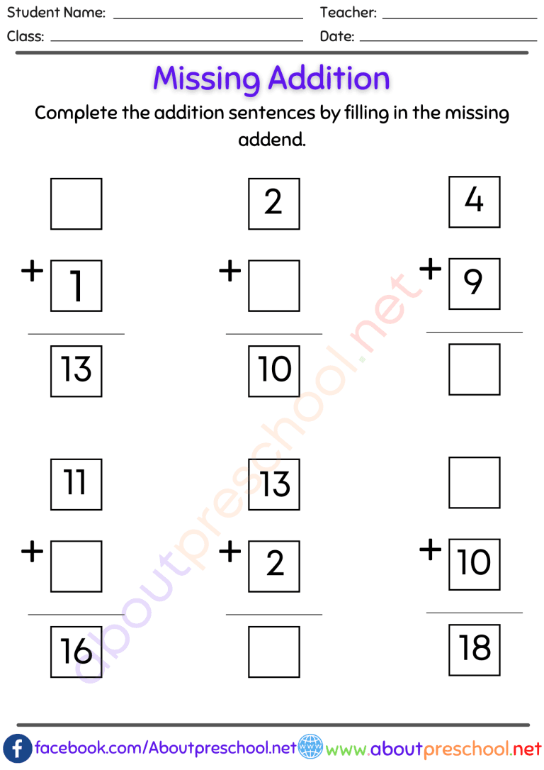 Missing number addition worksheets pdf-16 - About Preschool