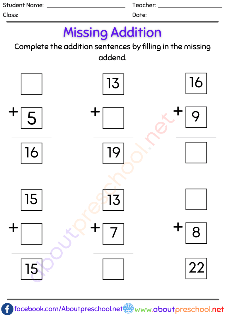 Missing number addition worksheets pdf-25 - About Preschool