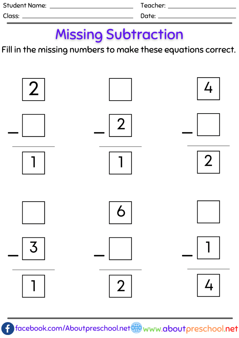 Missing number subtraction worksheets pdf - About Preschool